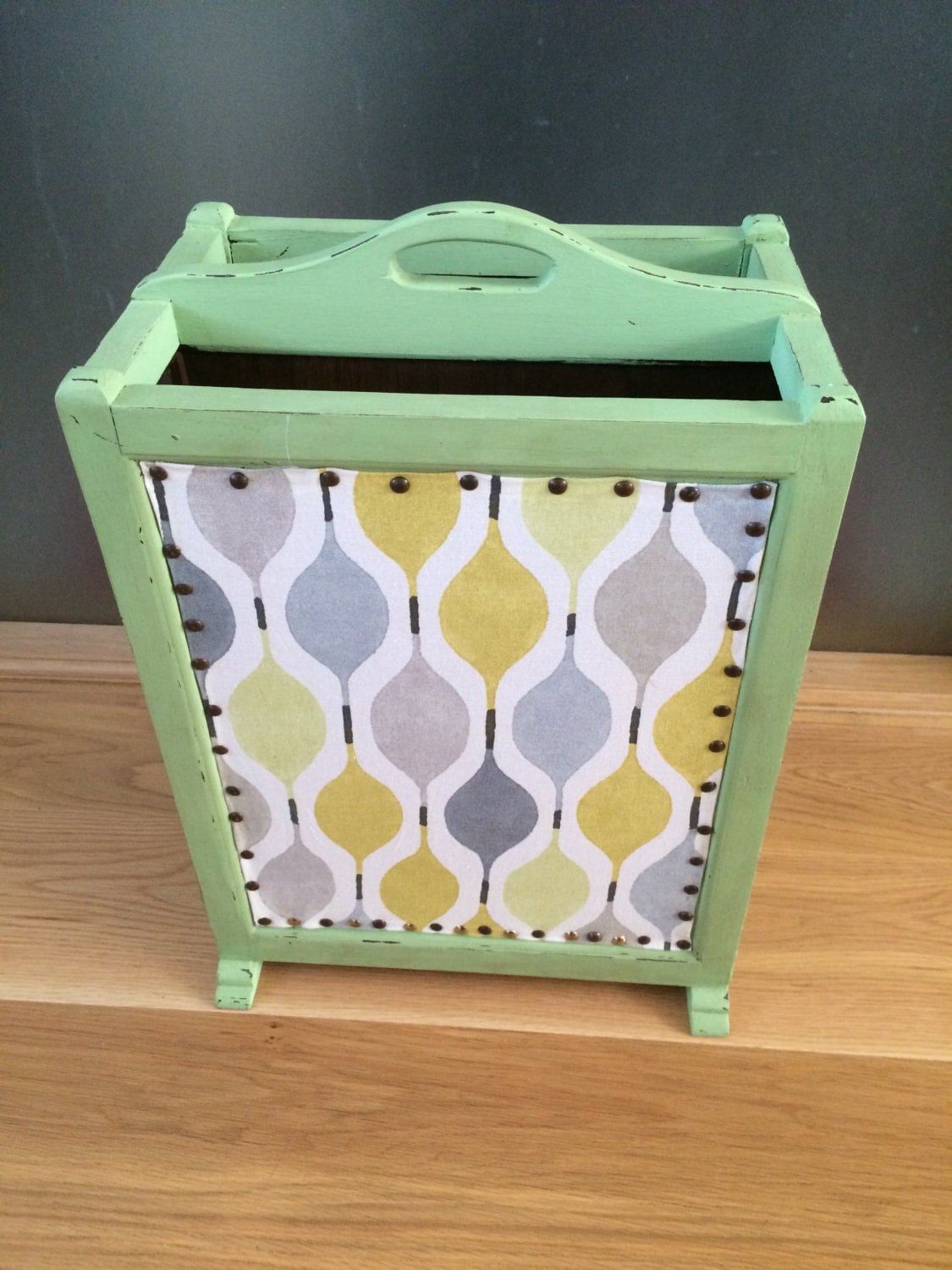 upcycled magazine holder chalk painted in pale green,and waxed.front ...