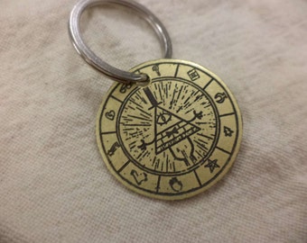 Bill Cipher Etched Brass Keychain