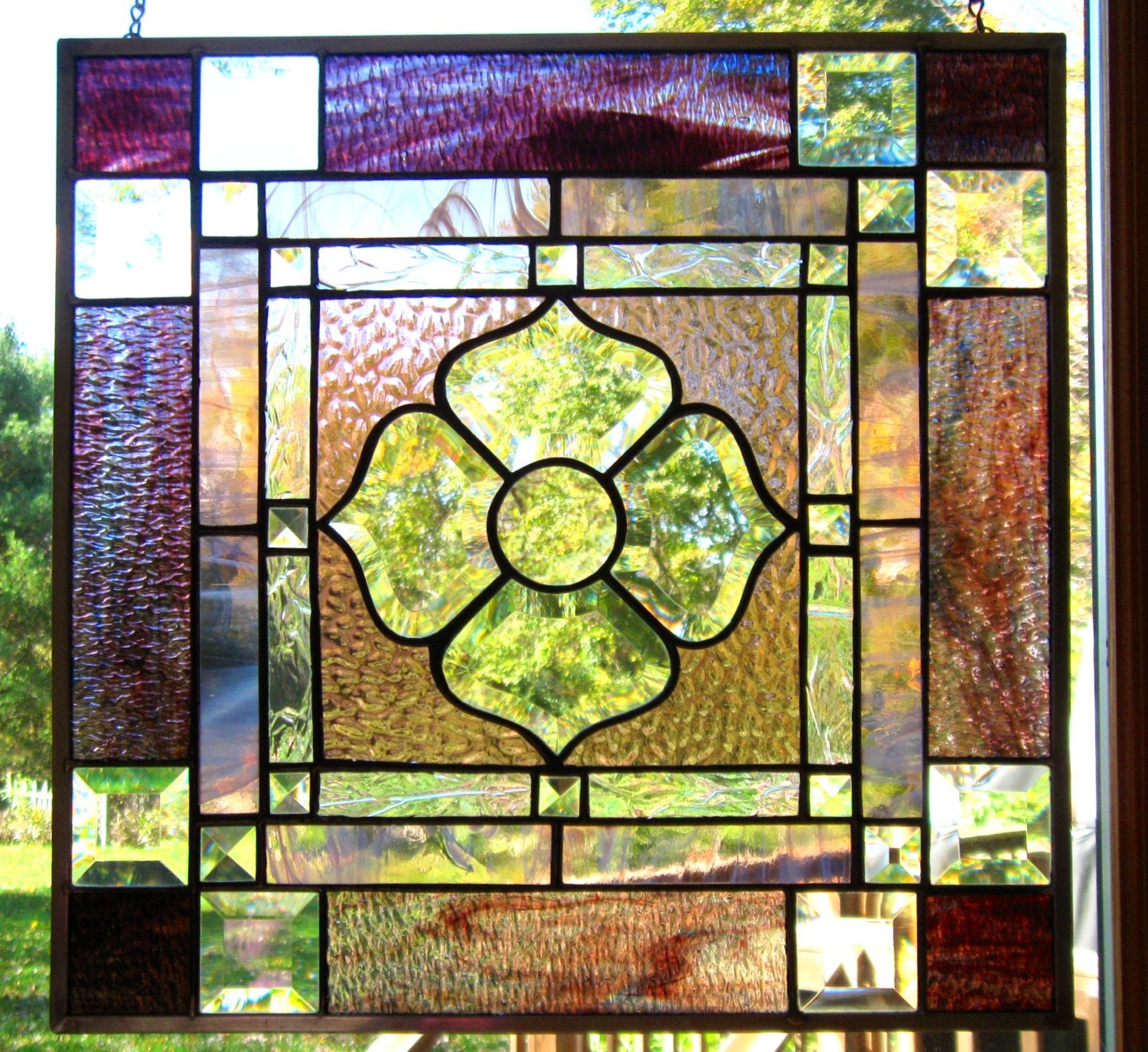 Woodruff is a square bevel stained glass hanging window panel