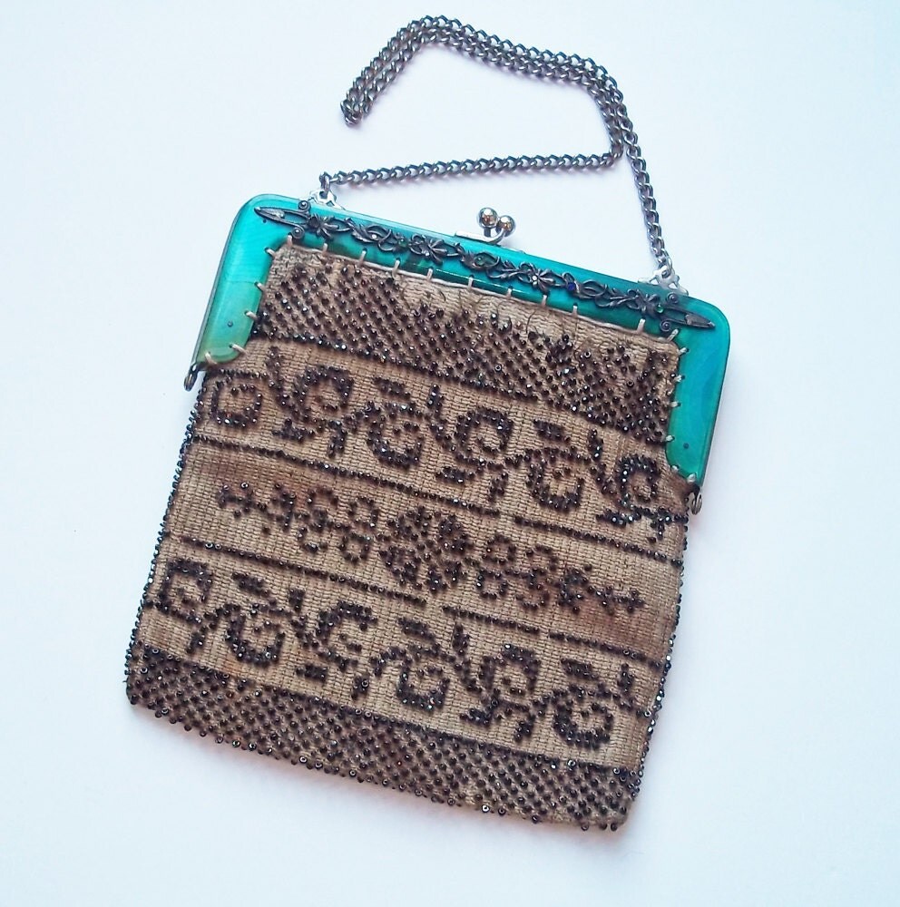 Vintage Antique Beaded Purse with Turquoise Celluloid Frame