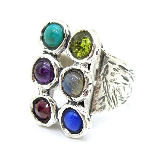 Items similar to Large rectangle silver ring with gemstones on Etsy