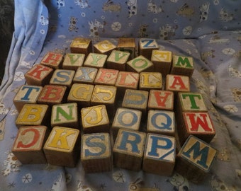 Vintage mid century Wood Alphabet ABC Blocks lot of 37