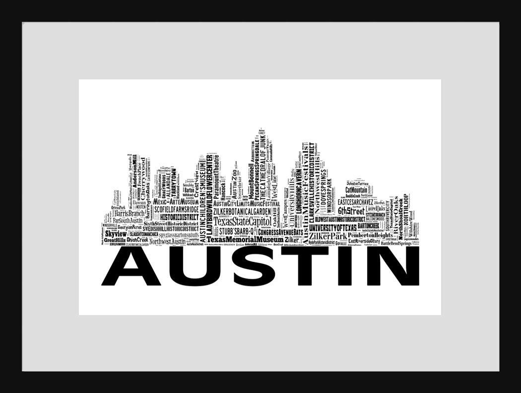 Austin Texas Skyline White Word Art Typography Typographical