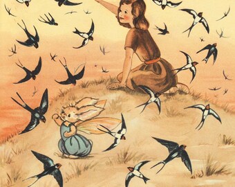 SALE - POOKIE the white rabbit with Swallows, 1960s woodland print ...