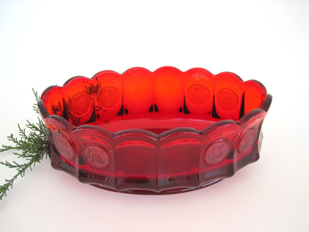Vintage Ruby Red Fostoria Glass Bowl Oval Coins Pattern Scalloped 1970 ...