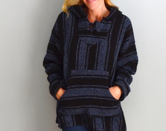 Vintage 90s Black Blue Striped Surfer Baja Hoodie Mexican Pullover ...