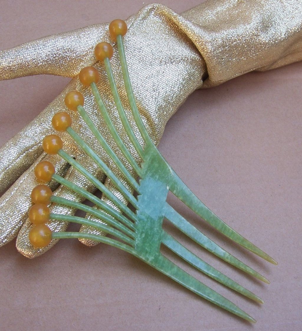 Art Deco Hair Comb Jade Green Asymmetric Balls on Spikes Hair Accessory ...