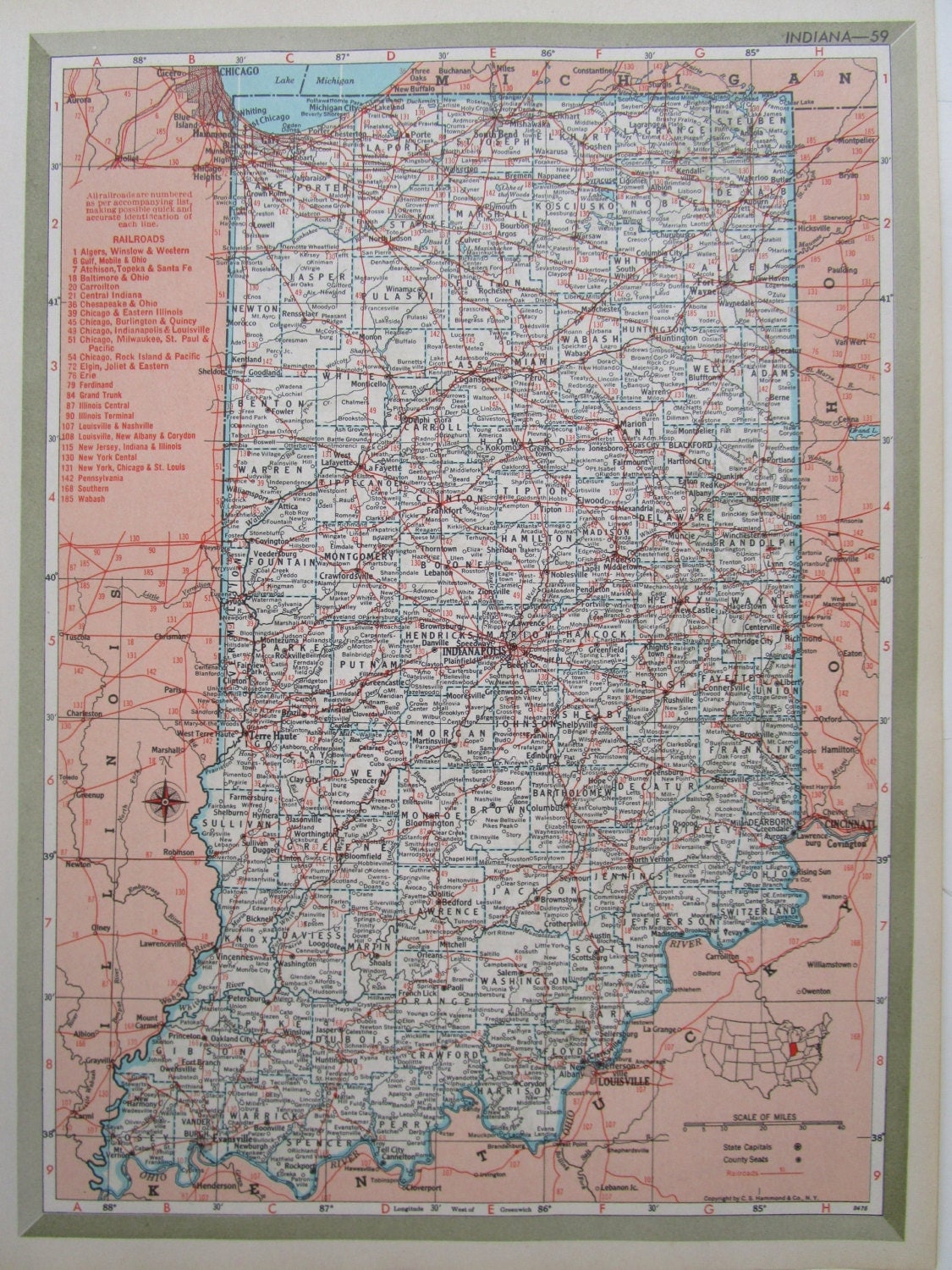 1951 INDIANA RAILROAD Map. 8x11. Nickel Plate Road Erie