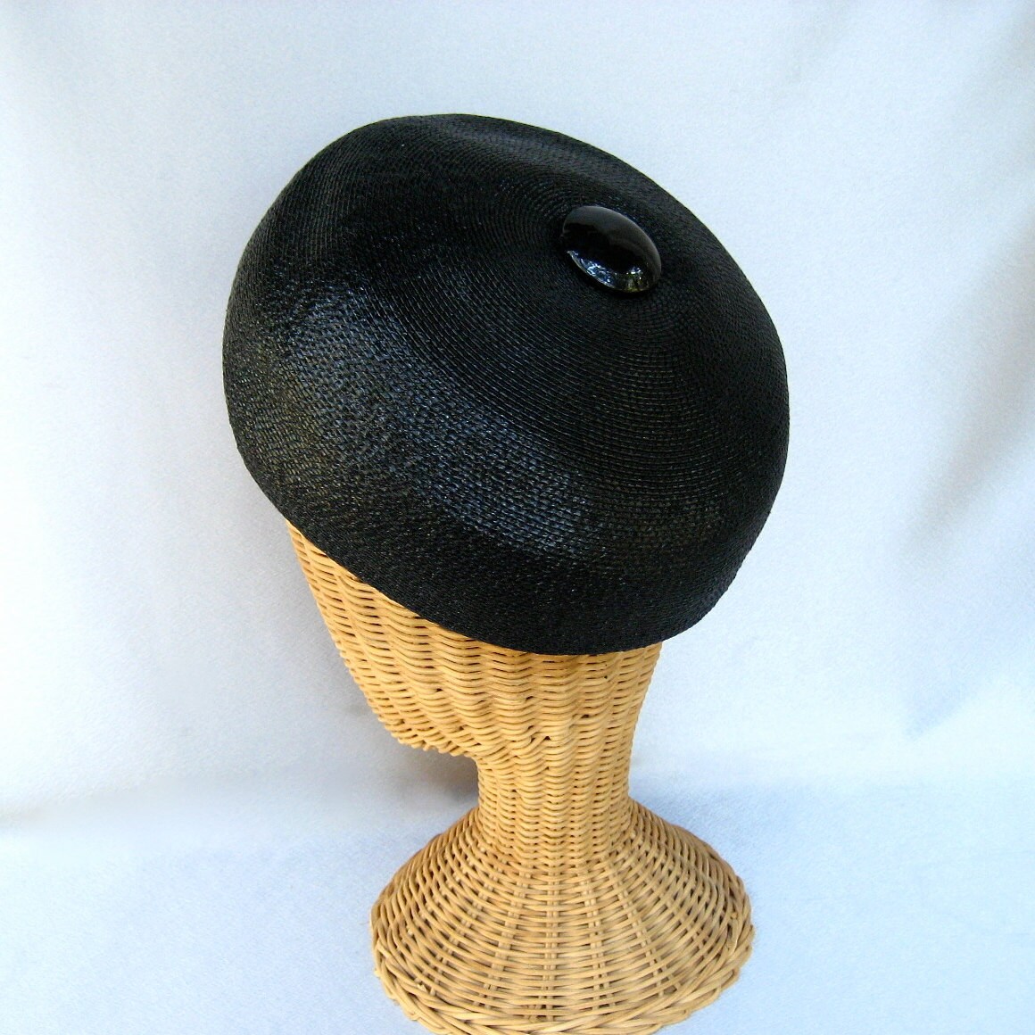 Vintage Ladies Hat Navy Blue Straw Toque Patent Brim