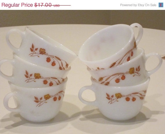 SPRING SALE 6 Vintage Milk Glass Pyrex Cups. Harvest Home Pattern Cups ...