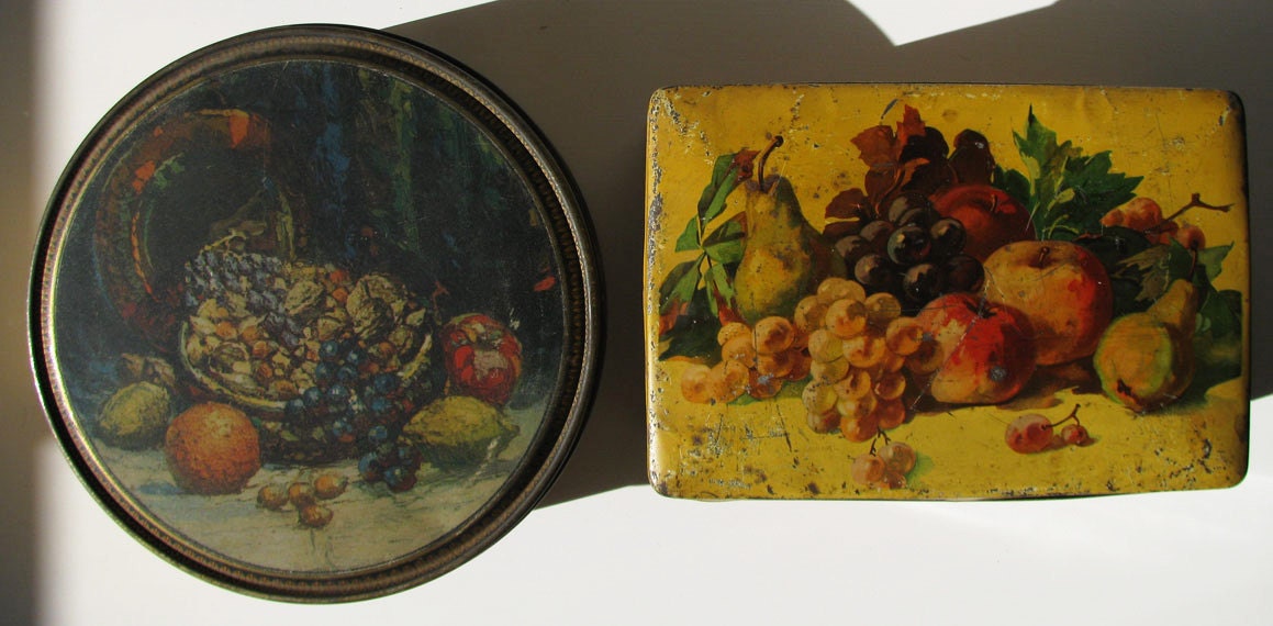 2 Antique Tin Boxes Fruit STILL LIFES LARGE Vintage Kitchen Country ...