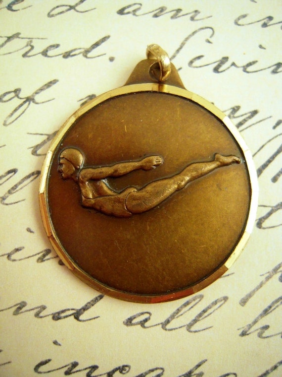 Vintage Swimming Womens Diving Medal Brass ITALY Altered Art