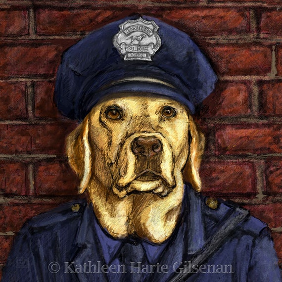 Yellow Labrador Retriever Police Officer Print of Lab Police