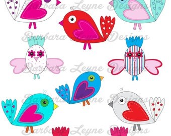 Boho Clip Art Birds: Pink, Red, Blue, Valentine, Vector Graphics, Artsy ...