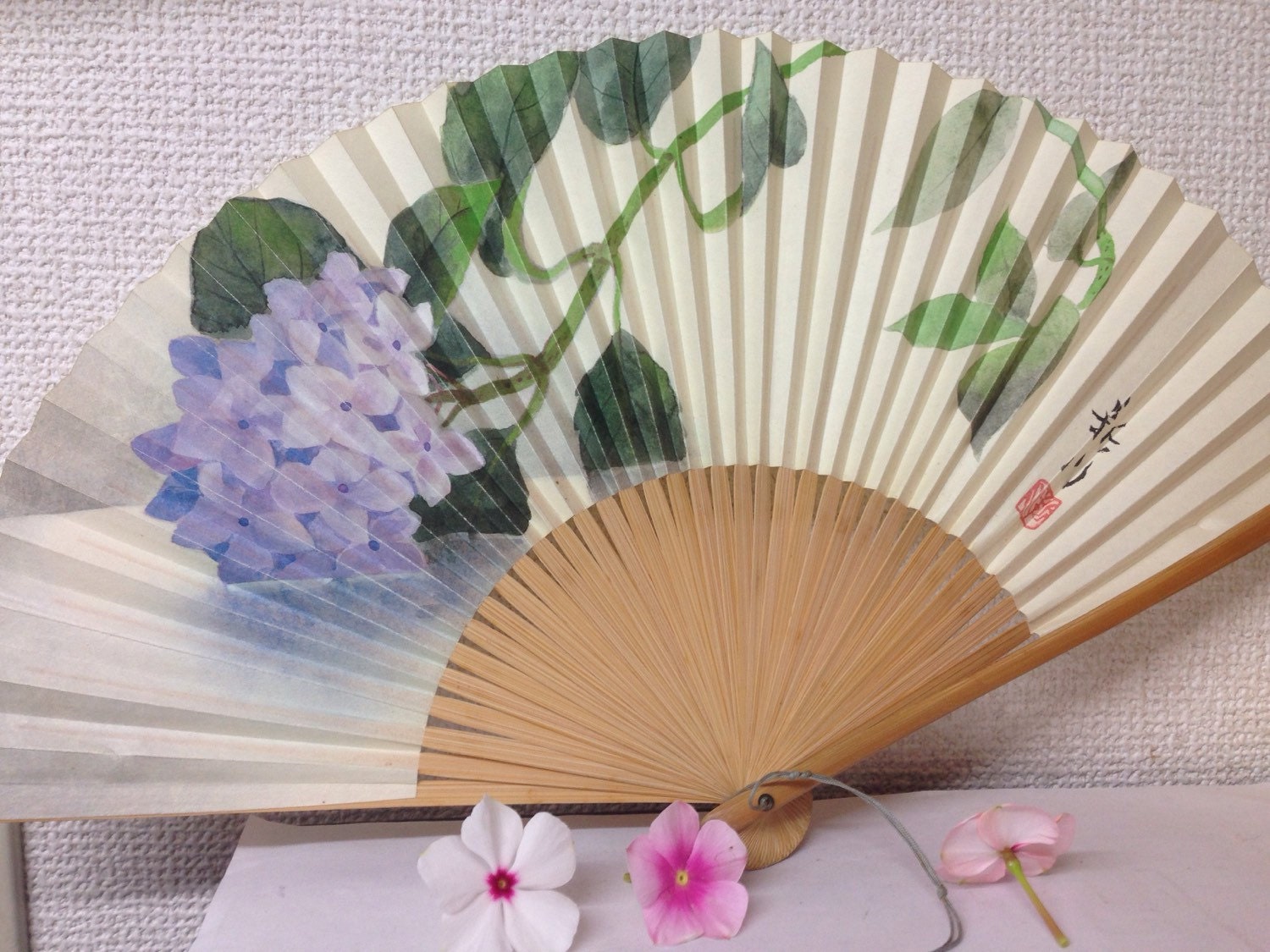 Japanese Vintage Fan with Purple Flower Design