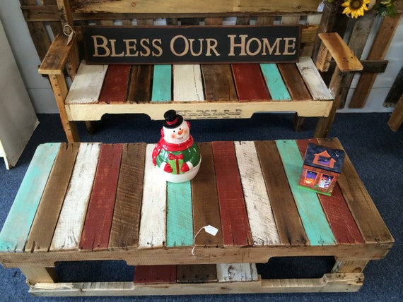 Items similar to Primitive Pallet Wood Bench and Table Set on Etsy