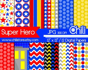 Girl Boy Superhero Clip Art, Digital Paper, Blue, Red, Yellow, White