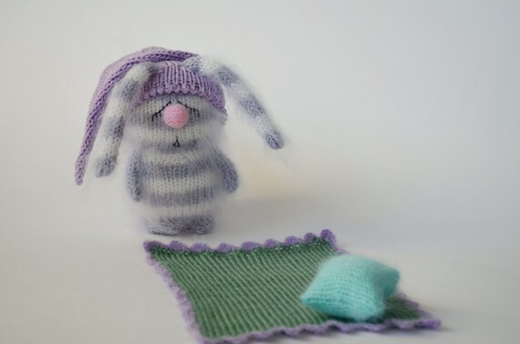 Snoozy Grey Bunny with Blanket & Pillow Hand-knitted bunny