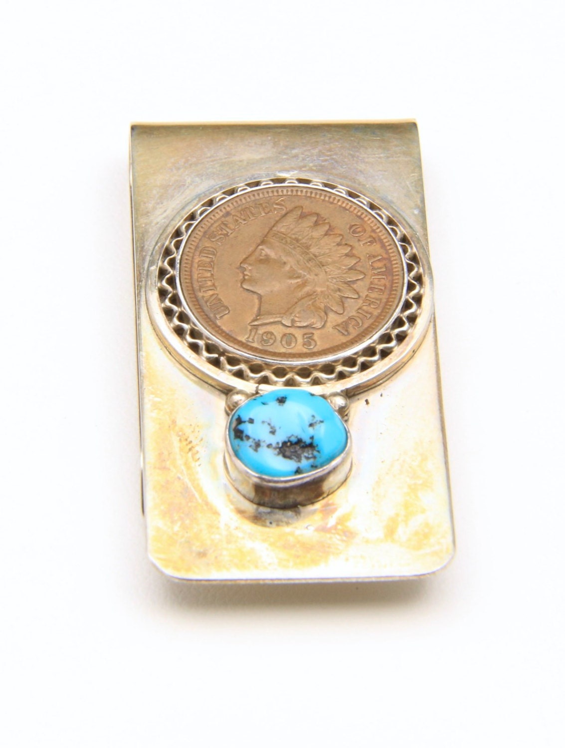 Vintage Sterling Silver 1905 Indian Head Penny & Turquoise Money Clip ...
