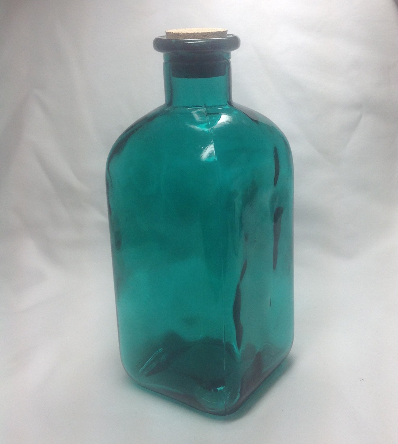 Vintage Large Green Square Glass Bottle with Cork
