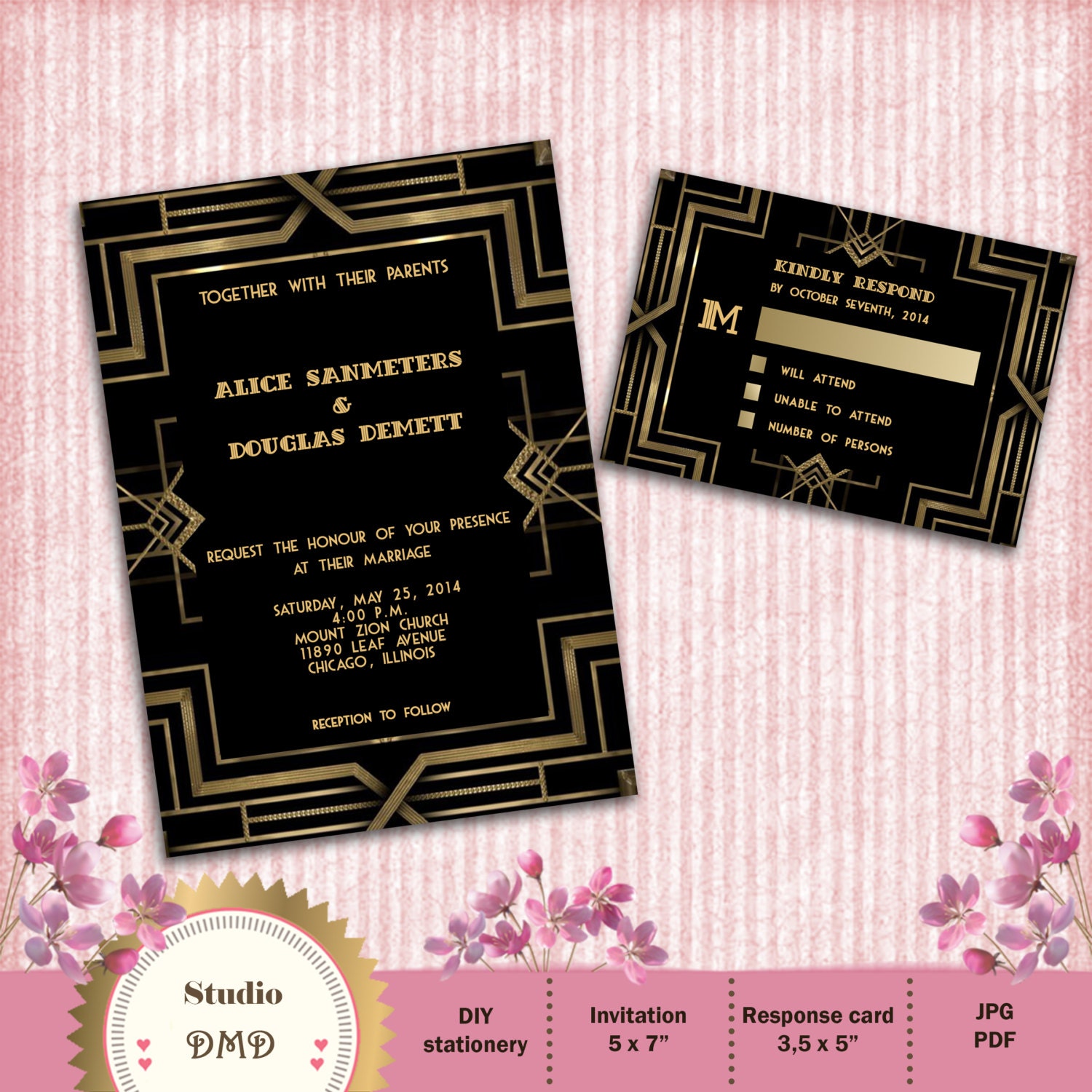 Great Gatsby Style Art Deco Wedding Invitation Suite with