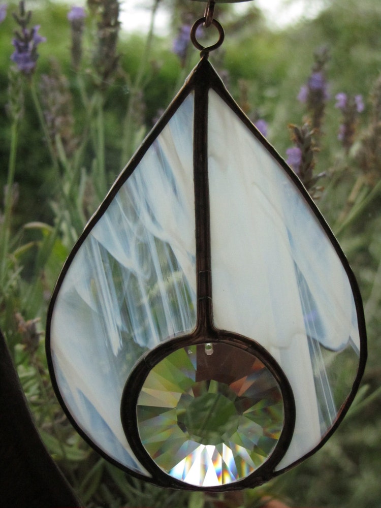 Wispy White Stained Glass Crystal Raindrop by AnnSmythStainedGlass