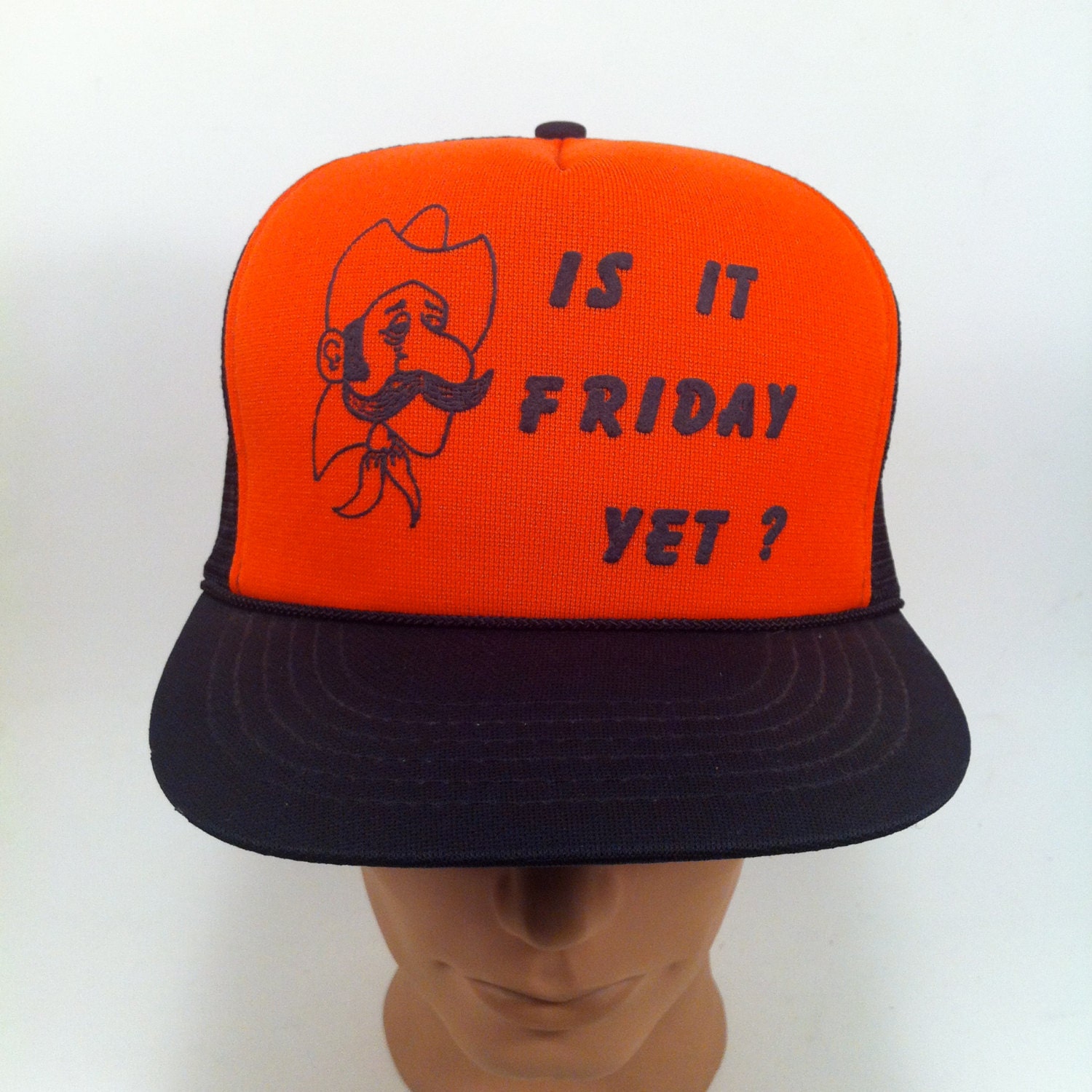 Vintage Is It Friday Yet? Mesh Back Snapback Trucker Hat Orange and Black