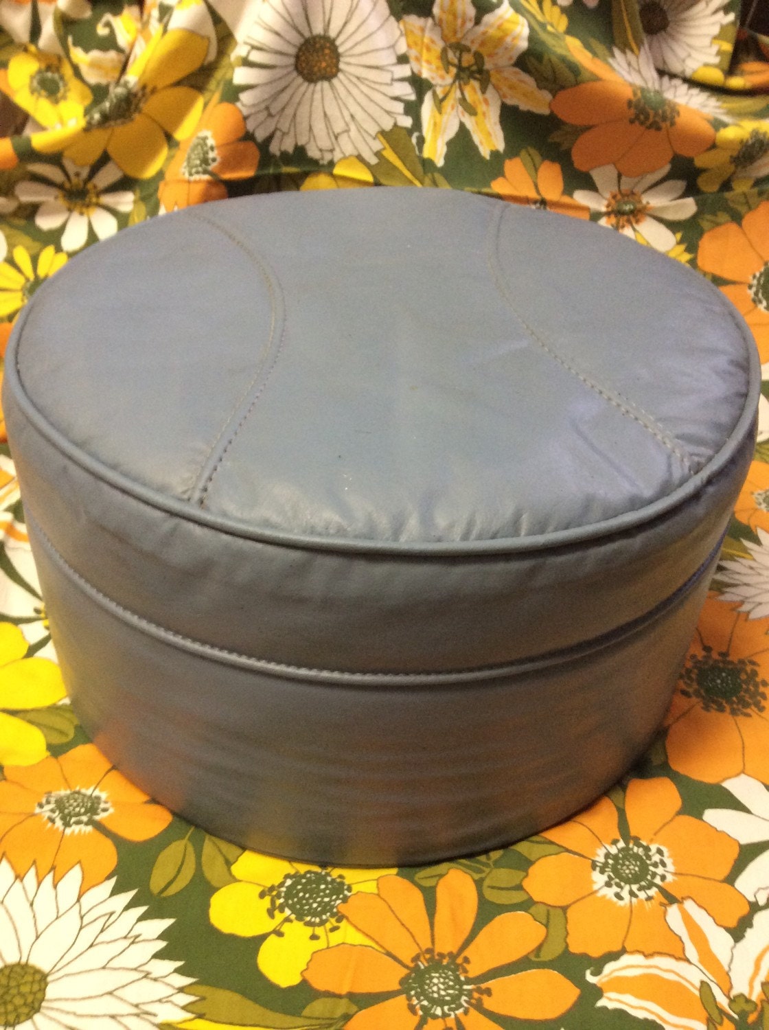 Vintage Light Blue Vinyl Round Ottoman Footstool Foot Stool Hassock ...