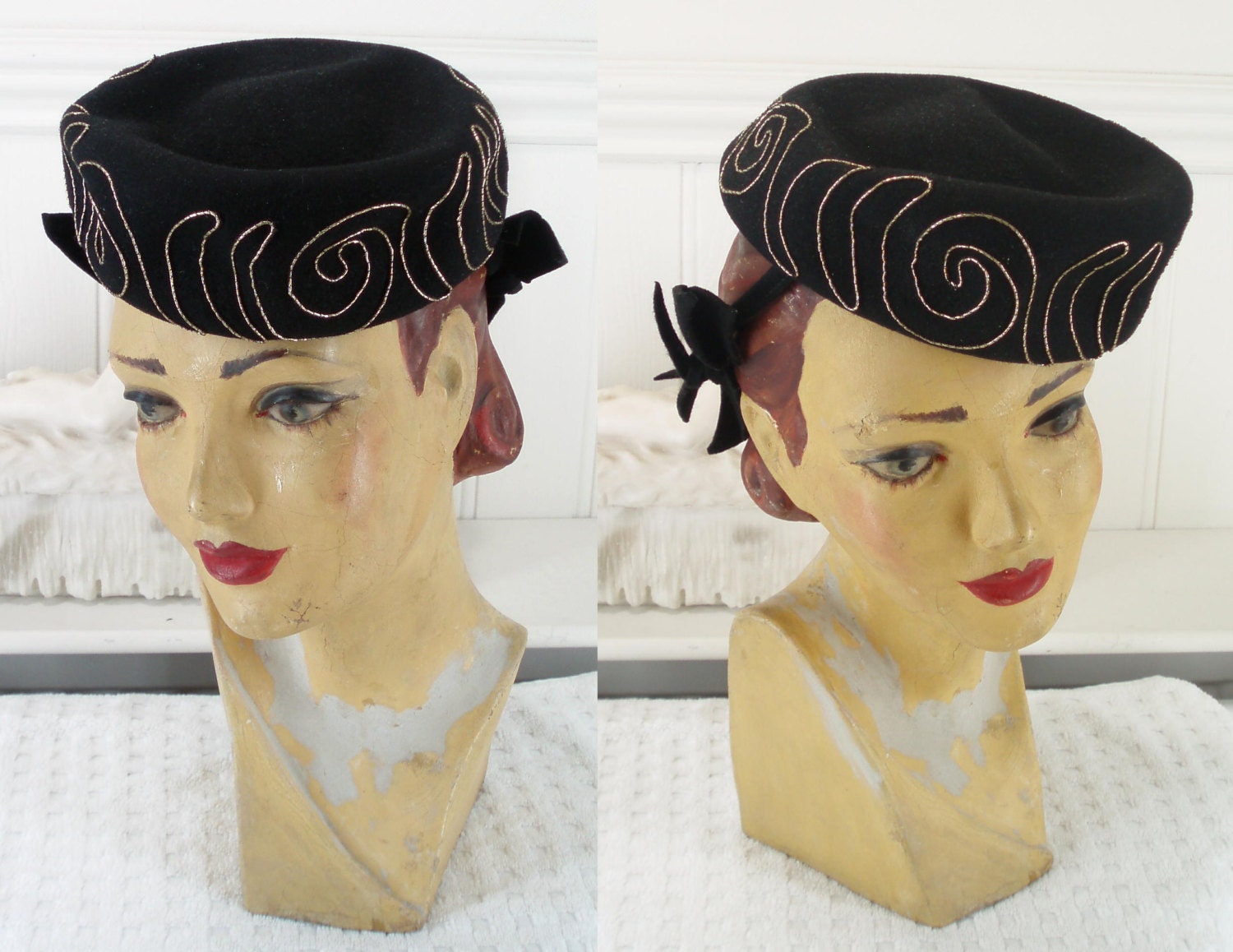 1940’s Hat New York Creations Black Felt Front Gold Bullion Thread Tilt ...