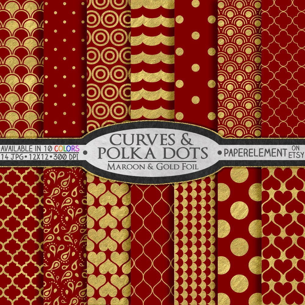 Maroon and Gold Polka Dot Wedding Scrapbook Paper Metallic