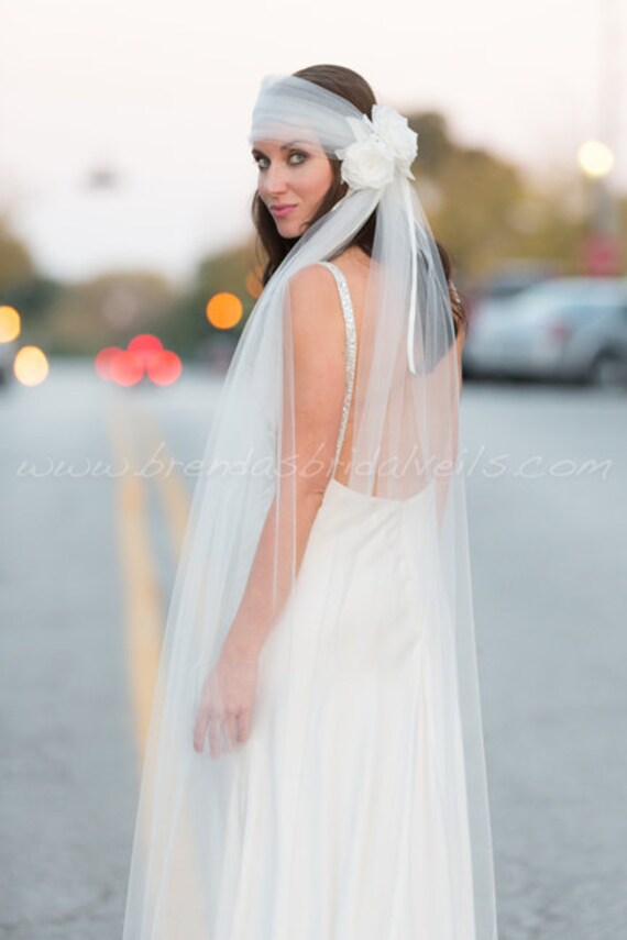 3 Piece Bridal Veil Set Tulle Head Wrap Tulle Tails w Silk