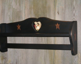 Black Primitive 24" Wall Quilt Rack with Rusty Stars and Folk Art Painting
