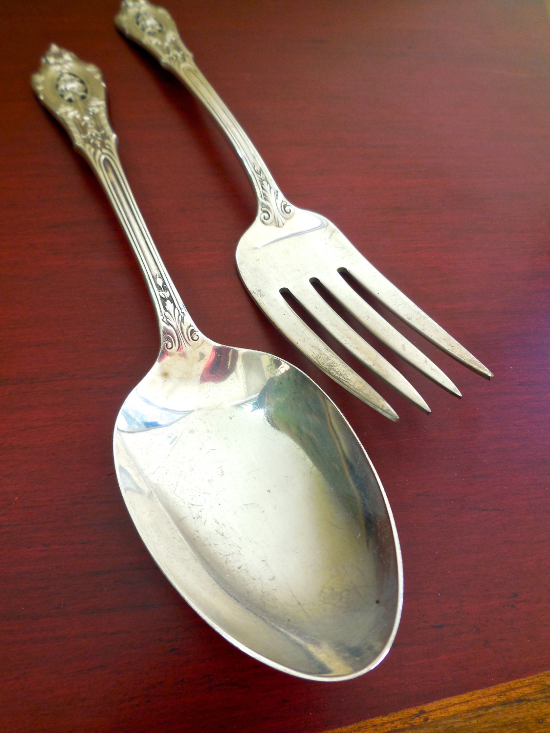 Vintage 40s Rose Point Wallace Sterling Silver Spoon and Fork Serving ...