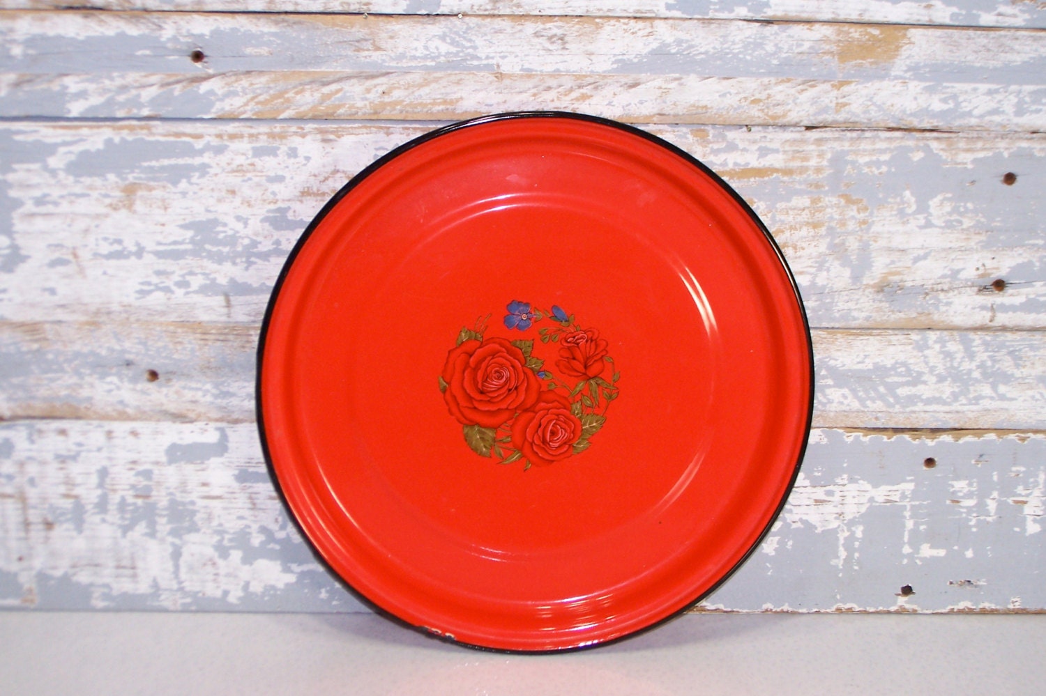 Red Enamel Serving Tray with Roses Large Round Tray with Lip Rim ...