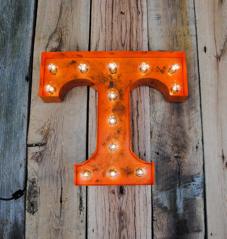 UT Power T weathered metal letter light in by ElementalArthouse