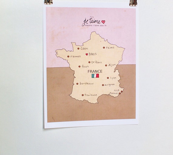 I Love You in France // French Map Typography Poster Giclee
