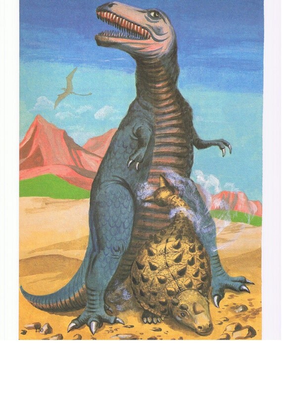 5x DINOSAURS 1980s Childrens Book Illustrations