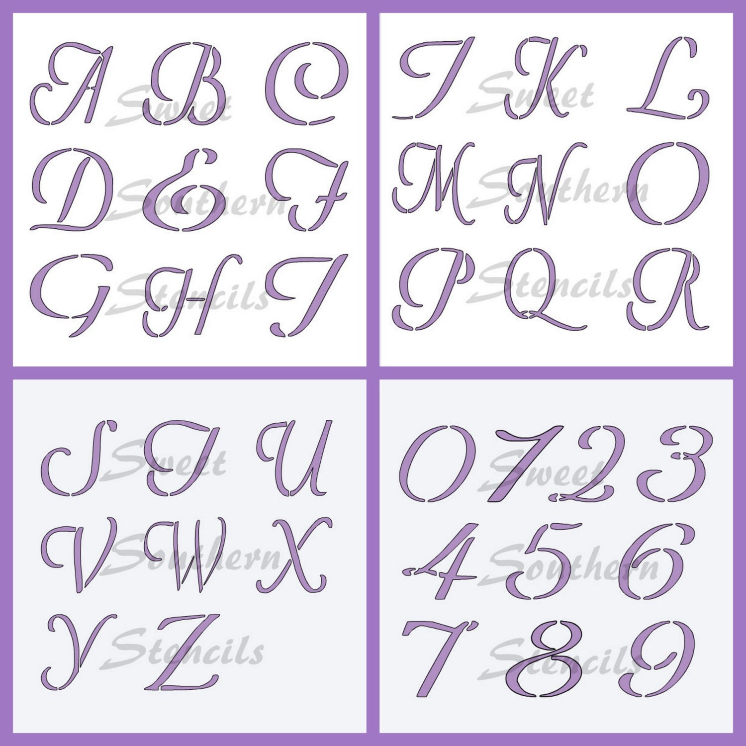 Script Alphabet and Numbers Stencils 4 by SweetSouthernStencil