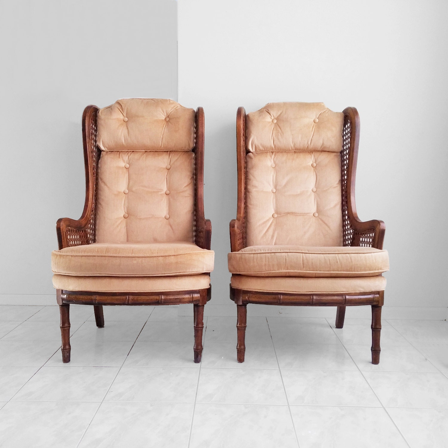 2 HOLLYWOOD REGENCY faux bamboo & cane wing back chairs – Haute Juice
