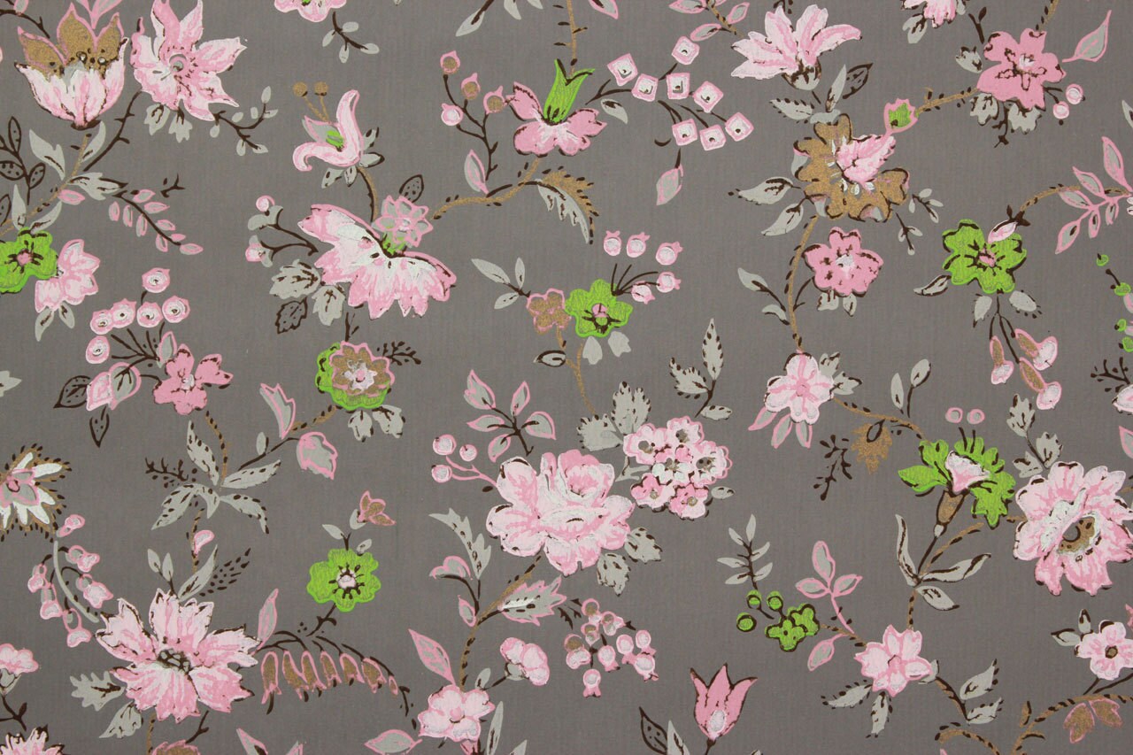 1940's Vintage Wallpaper Pink Flowers and Roses on Gray by