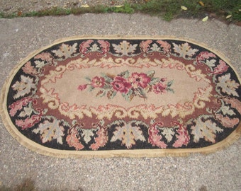Vintage Large 47x81 Oval Wool Machine Hooked Black Rose Beige Floral Rug