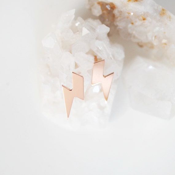 Rose Gold Lightning Bolt Stud Earrings 14k by TheAngryWeather Rose Gold Lightning Bolt Stud Earrings 14k by TheAngryWeather