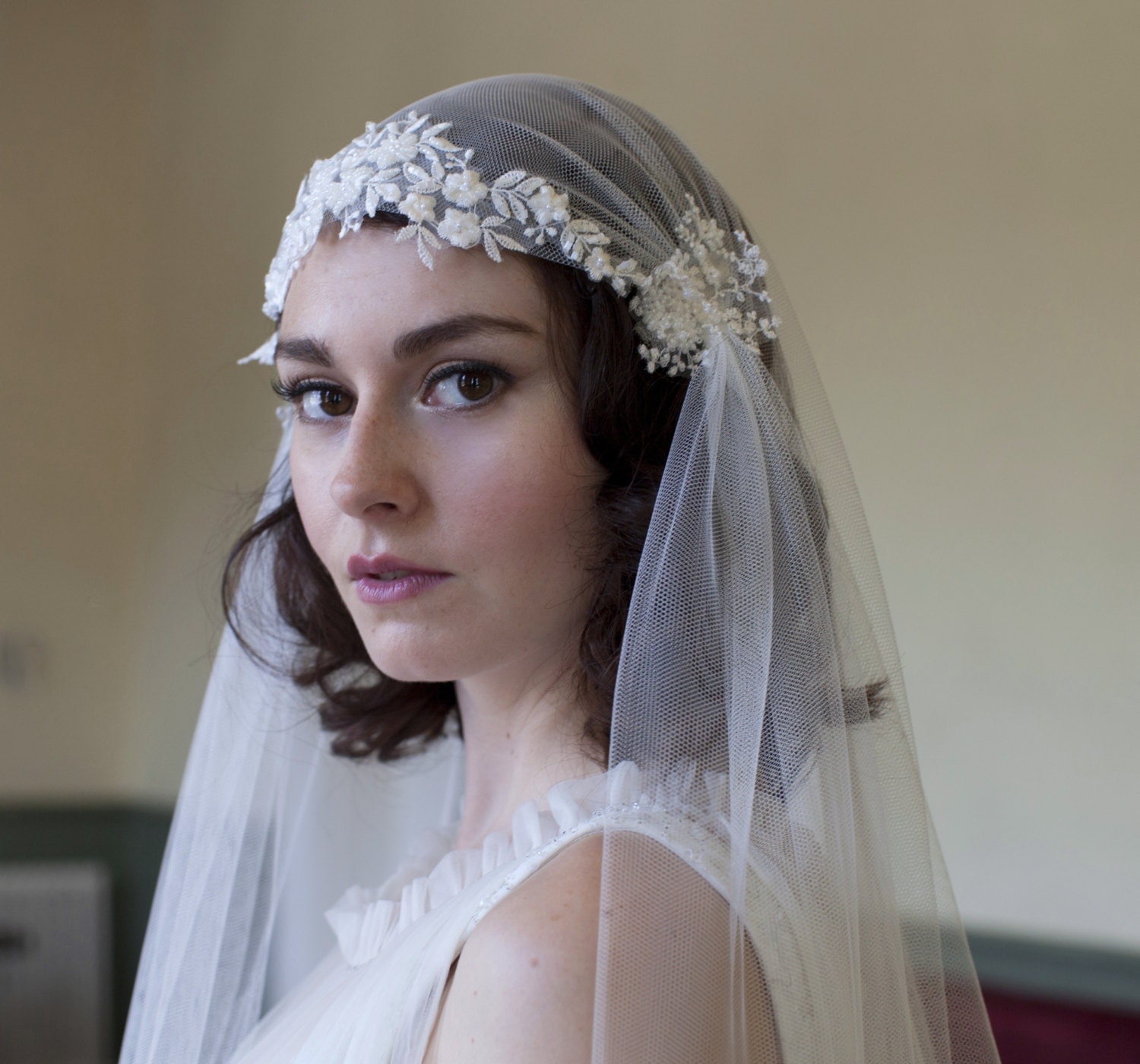 Dramatic Juliet Cap Veil with Beaded Floral lace Kate moss