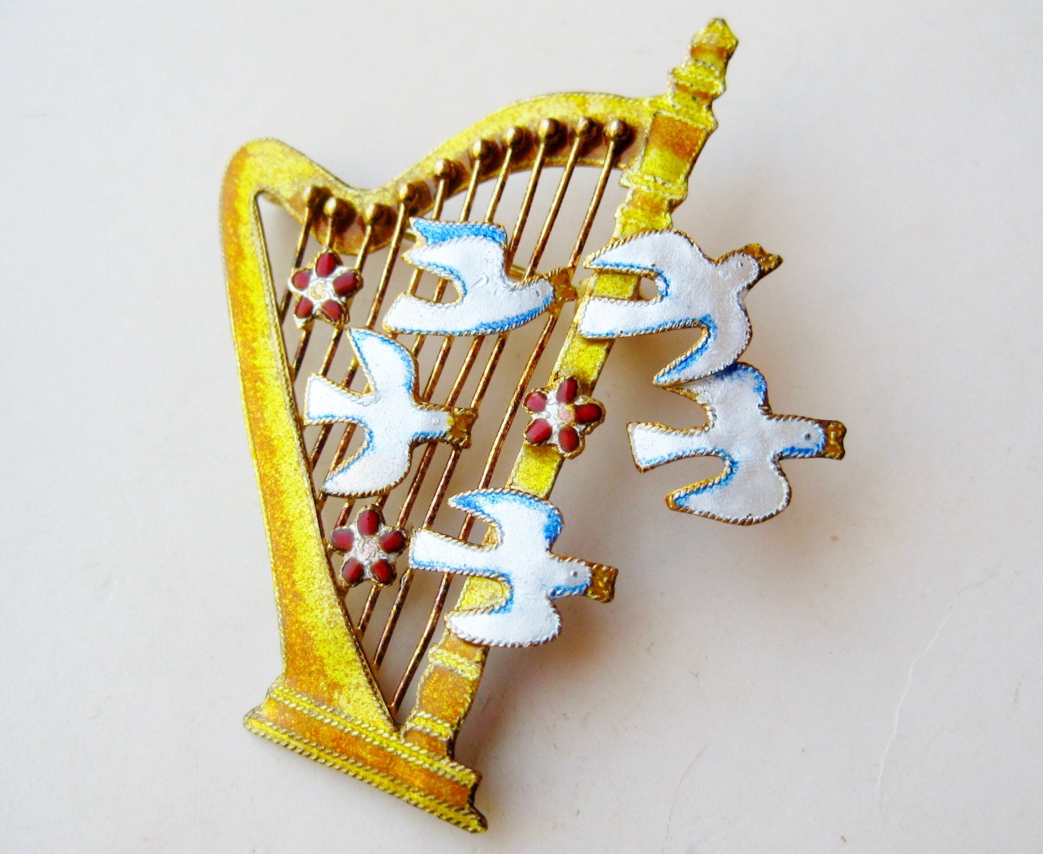 Vintage Zarah Gold Vermeil Sterling Silver Enamel Harp with Doves ...