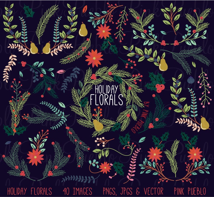Christmas Floral Clipart Clip Art Holiday Laurel by PinkPueblo