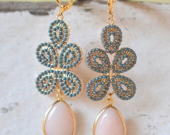 ON SALE Peachy Pink and Dark Turquoise Statement Earrings in Gold ...