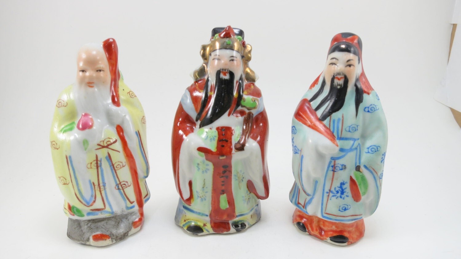 Antique Chinese Fu Lu Shou Hand Painted Porcelain Figurines 3