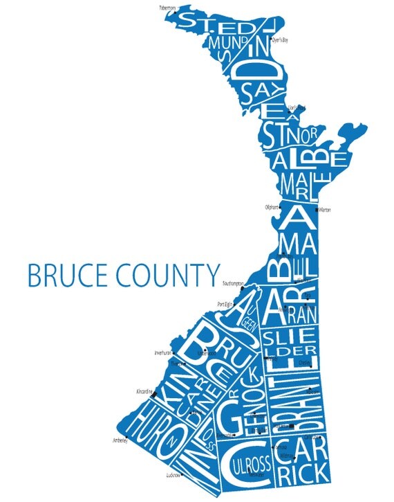 Typographic Map of Bruce County Ontario by AllOverTheMapStudios