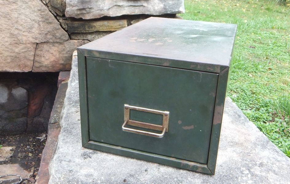 Vintage 50s Industrial Metal Index File Cabinet / Old Army / Green ...