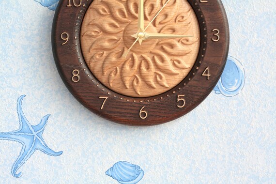 Wood carved wall clock Flaming Sun